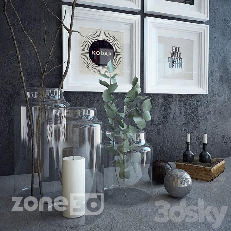 دانلود آبجکت ست دکوراتیو با تابلو و گیاه خشک و گلدانی